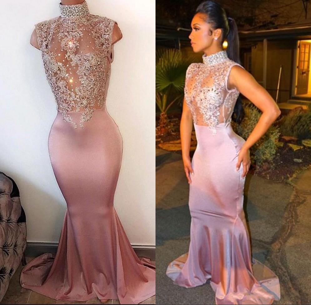 Pearl Pink Prom Dress High Neck Illusion Lace Beading Mermaid Party ...